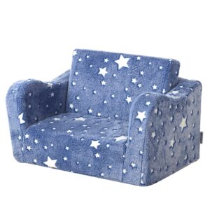 afbkss&bb kids sofa glow in dark, 2 in 1 kids couch, baby armchairs, full foam children upholstered couch, flip out sofa bed children play pad furniture (blue)