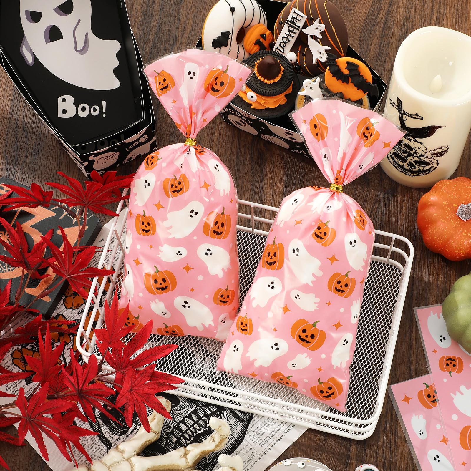 JarThenaAMCS 100Pcs Halloween Boo Cellophane Treat Bags with Twist Ties Ghost Pumpkin Plastic Gift Bags Pink Candy Goodie Bags for Party Snacks Cookies Packing Supplies