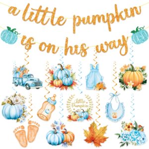 little pumpkin baby shower decorations for boy, fall blue gender reveal decor, a little pumpkin is on his way baby shower banner and pumpkin hanging swirls