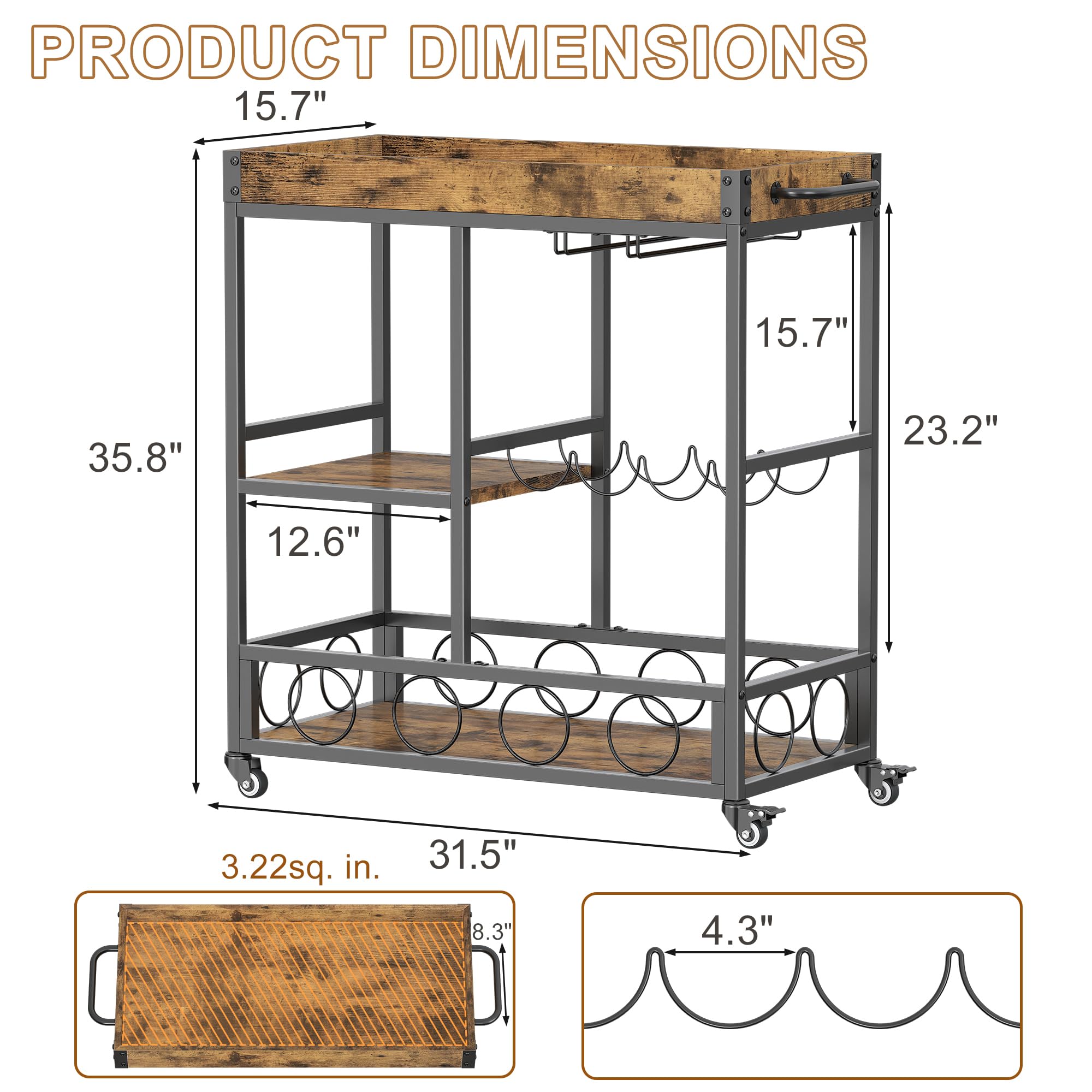 Furmax Bar Cart Home Bar Serving Cart with 3 Tiers, Rolling Bar Car with Large Storage Space & Lockable Wheels, Mobile Drink Cart with Removable Tray, Wine Rack, Glass Holder for Kitchen (Retro)