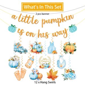 Little Pumpkin Baby Shower Decorations for Boy, Fall Blue Gender Reveal Decor, A Little Pumpkin Is on His Way Baby Shower Banner and Pumpkin Hanging Swirls