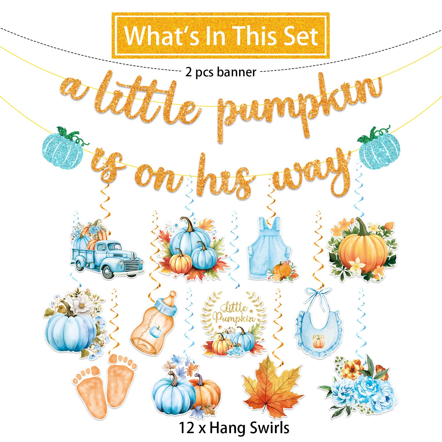 Little Pumpkin Baby Shower Decorations for Boy, Fall Blue Gender Reveal Decor, A Little Pumpkin Is on His Way Baby Shower Banner and Pumpkin Hanging Swirls