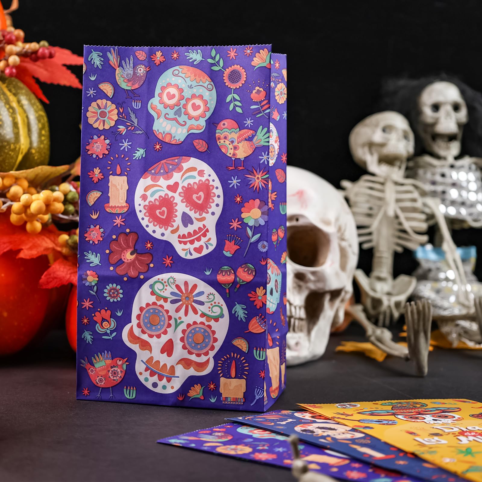 STARRKY 27PCS Halloween Party Favor Bags, Day of the Dead Treat Bags with Stickers Paper Candy Bags 3 Designs Goodie Bags for Party Supplies