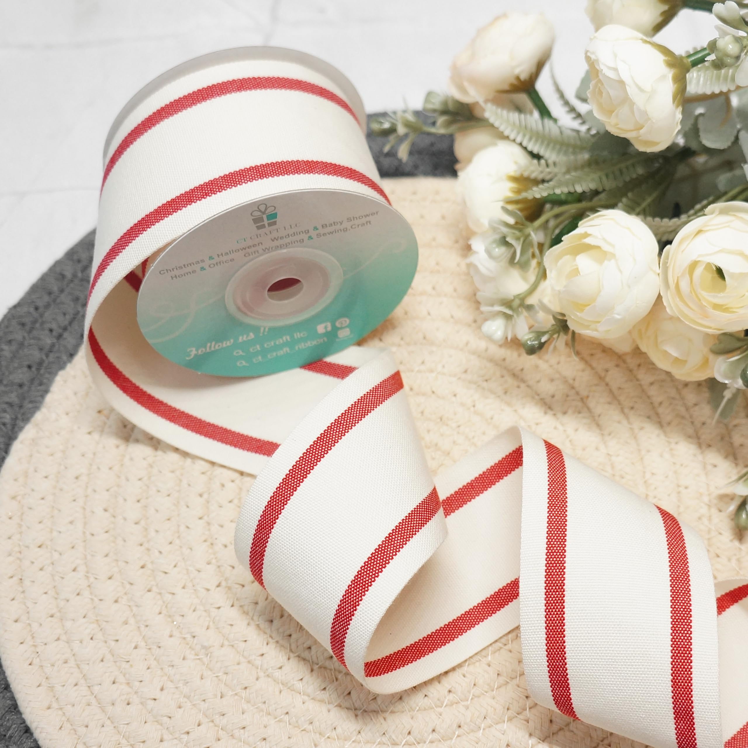 CT CRAFT LLC Ivory Cotton Red Stripes Ribbon 2" x 10 Yards for Home Décor Gift Present Wrapping DIY Crafts Birthday Wedding Bouquet Christmas