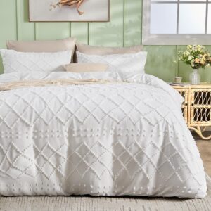 hymokege duvet cover queen size, boho tufted queen duvet cover 3 pieces, soft & lightweight shabby chic, embroidery bedding for all seasons, 1 duvet cover 90" × 90" & 2 pillow shams, white