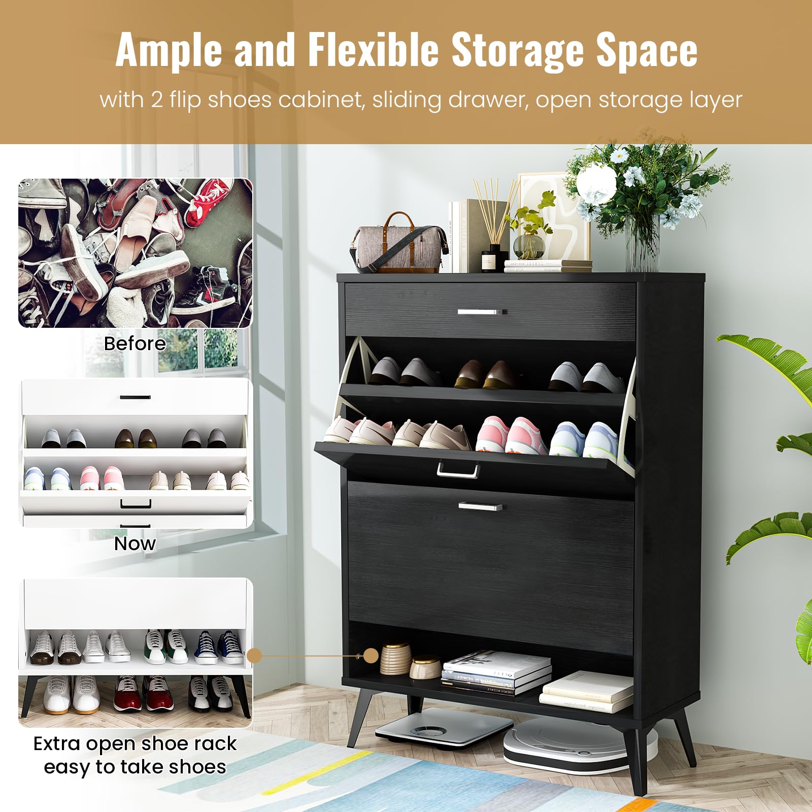 AWQM Shoe Storage Cabinet for Entryway, Free Standing Shoe Organizer with 2 Flip Drawers，Hidden Shoe Rack Storage Organizer for Doorway Hallway Closet, Black