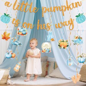 Little Pumpkin Baby Shower Decorations for Boy, Fall Blue Gender Reveal Decor, A Little Pumpkin Is on His Way Baby Shower Banner and Pumpkin Hanging Swirls