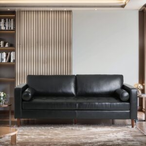 merax upholstered pu sofa, classic 3 seater leather couch with wooden legs for living room bedroom officee, black