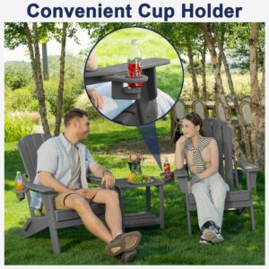 Plawdlik Folding Adirondack Chair, SGS Tested, Wooden Textured with Cup Holder, Heavy All-Weather HDPE Comfortable Set Poolside Backyard Lawn Grey Set 2