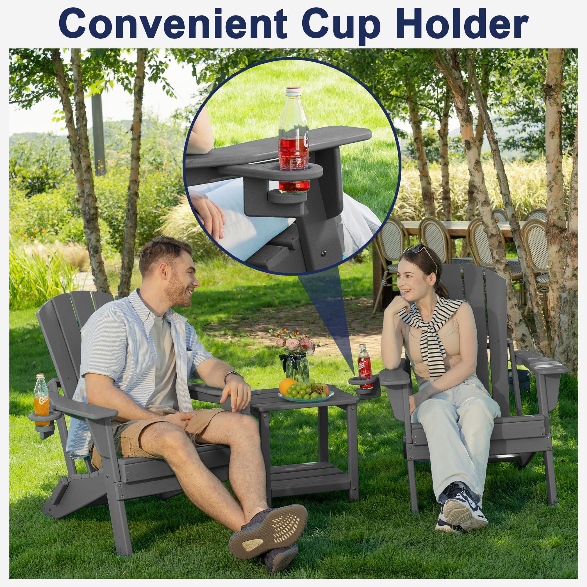 Plawdlik Folding Adirondack Chair, SGS Tested, Wooden Textured with Cup Holder, Heavy All-Weather HDPE Comfortable Set Poolside Backyard Lawn Grey Set 2