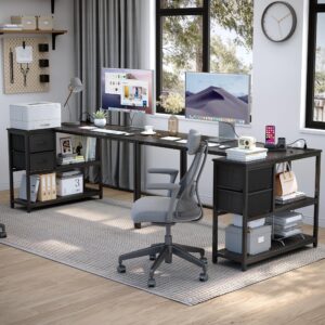 JOINHOM L-Shaped Desk with Drawers - 55 in Reversible Black Office Desk for Home Office, Computer Desk with Storage for Bedroom, L-Shaped Computer Desk with USB Ports and Bookshelf