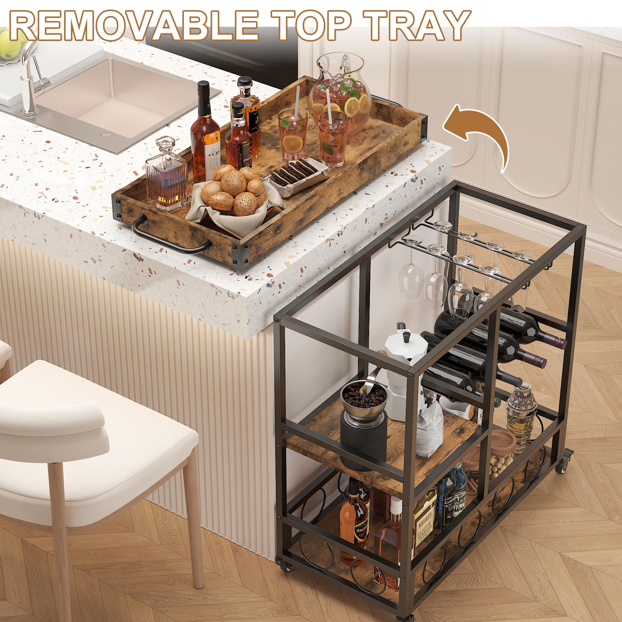 Furmax Bar Cart Home Bar Serving Cart with 3 Tiers, Rolling Bar Car with Large Storage Space & Lockable Wheels, Mobile Drink Cart with Removable Tray, Wine Rack, Glass Holder for Kitchen (Retro)