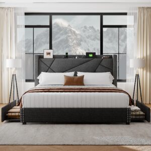 Einhomn Upholstered Queen Bed Frame with 4 Storage Drawers, Platform Bed Frame with Charging Station, Modern Geometric Wingback Headboard, No Box Spring Needed, Easy Assembly, Dark Grey