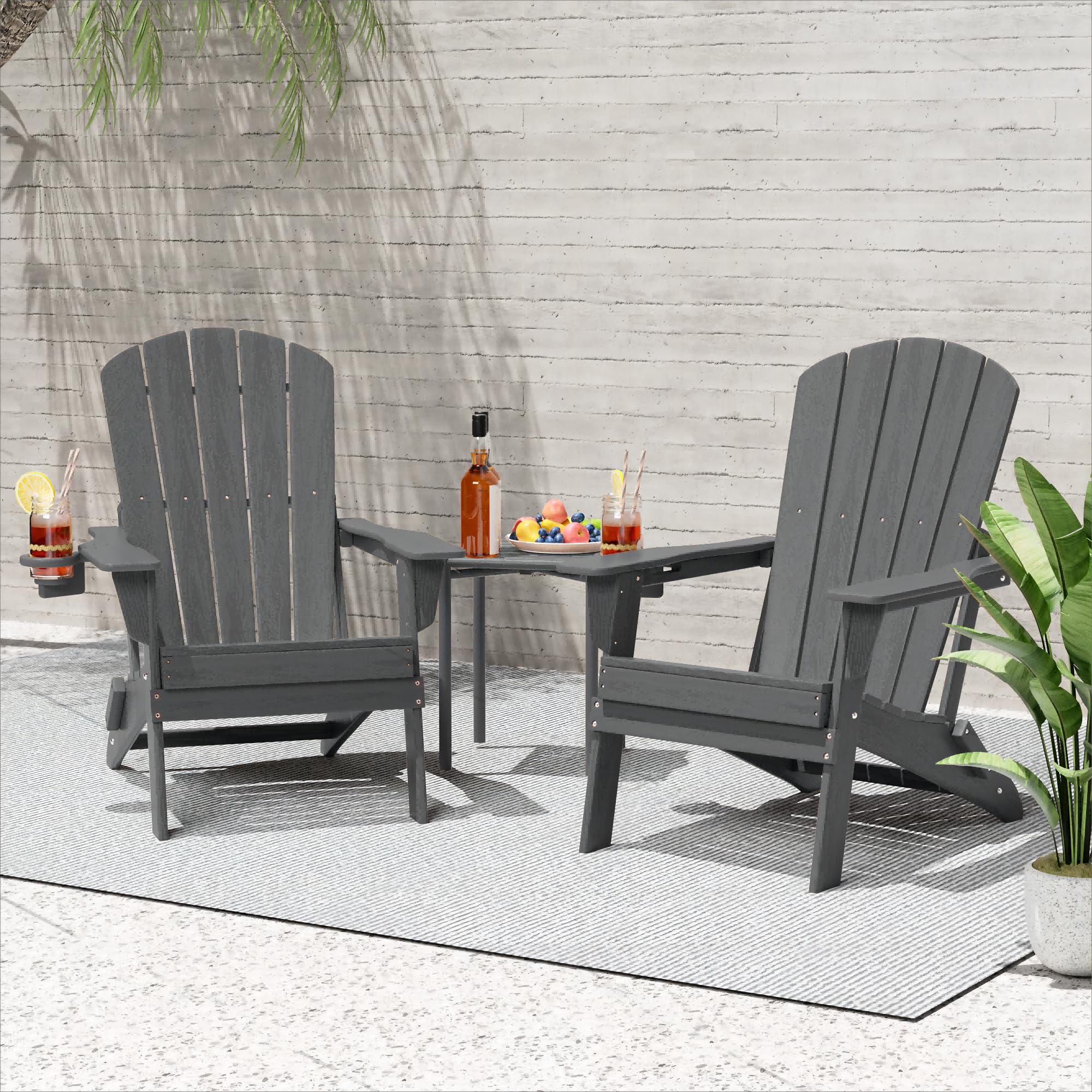 Plawdlik Folding Adirondack Chair, SGS Tested, Wooden Textured with Cup Holder, Heavy All-Weather HDPE Comfortable Set Poolside Backyard Lawn Grey Set 2