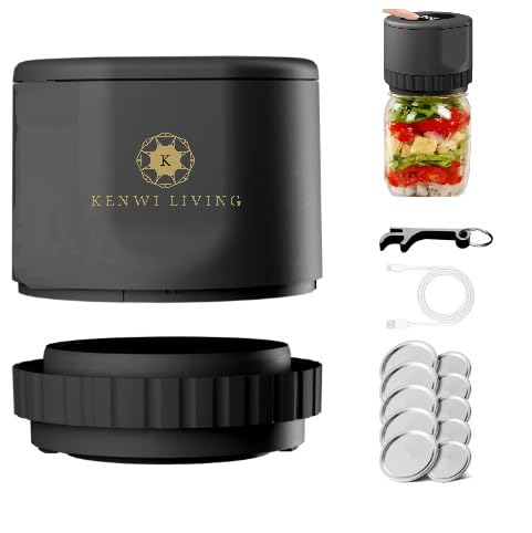 Kenwi Living Electric Mason Jar Vacuum Sealing Kit with Wide and Regular Mouth Lids, Vacuum Sealer for Canning Jars and Food Storage, 2024 Automatic Stop Version, Black