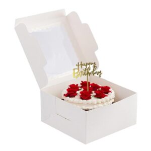 Exceptional Value Bundle | 4-Pack Cake Boxes (10x10x5 Inches) 4 Corrugated White Cake Boards & 4 Happy Birthday Cake Toppers. | 350 GSM Thick Sturdy Cardboard | Fancy Design See-Through Window |