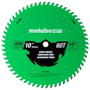 metabo hpt 10-inch miter saw/table saw blade, fine finish, 60-tooth, 5/8-inch arbor, industrial high performance tungsten carbide, ptfe coating, laser-cut expansion slots, 115762m