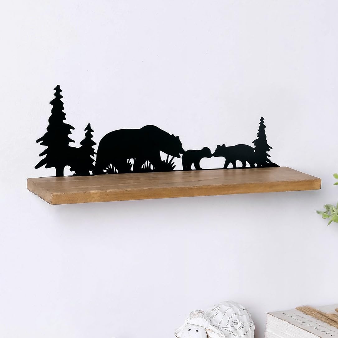 Synovana Wall Mount Shelf Farmhouse Cabin Wooden Floating Shelf Wall Decor Rustic Hanging Rectangular Wall Shelves for Bathroom Living Room Laundry Room - Bear Shadow Design