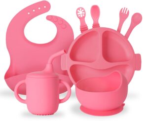 aainbeots silicone baby feeding set, 10 pcs baby led weaning supplies with suction bowl and plate, baby feeding set with adjustable bid,sippy cup with straw and lid, mommy ark set suit for 6+months