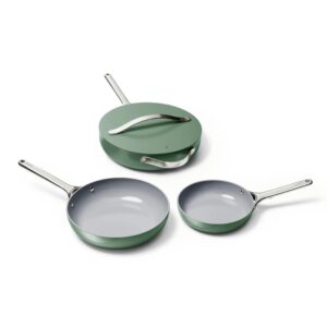 caraway fry pan trio - non-stick frying pans (10.5” & 8”) & non-stick saute pan - non toxic, ptfe & pfoa free - oven safe & compatible with all stovetops (gas, electric & induction) - sage