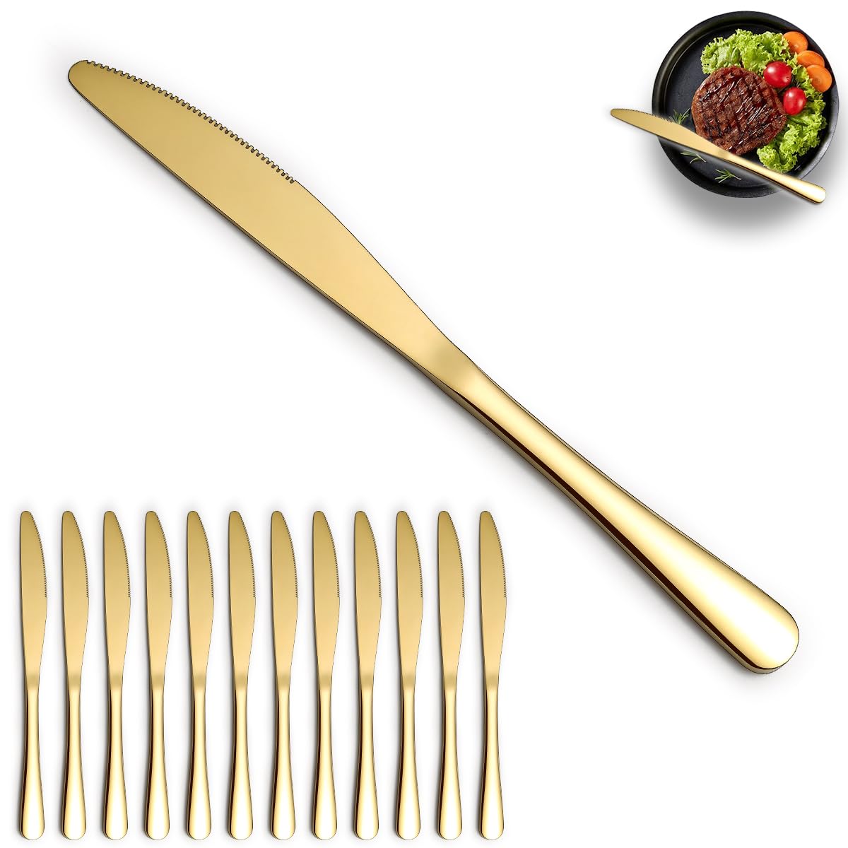 ReaNea Gold Dinner Knives Set of 12 Pieces, Stainless Steel Titanium Gold Plating Butter Knife, Table Knives for Home, Restaurant, Hotel, Wedding, Events