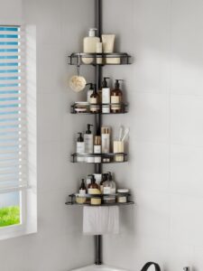 enrunest corner shower caddy tension pole for bathroom organizer,tension shower caddy corner,4 tier rustproof larger capacity shelves,adjustable 31.5 to 111.4 inch,black