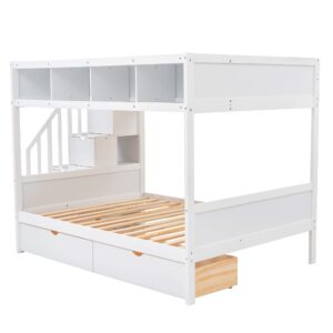 Harper & Bright Designs Twin Over Full Bunk Bed with Storage Staircase and 2 Drawers,Wood Bunk Bed Frame with 4 Storage Shelves for Kids Boys Girls Teens, No Box Spring Need,White