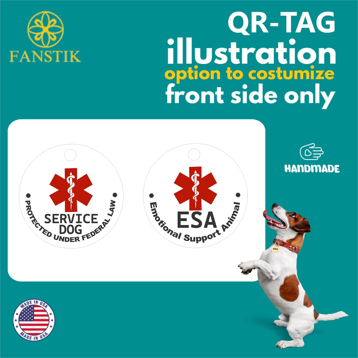 Engraved Personalized QR Code Pet ID ESA Tag(Made In USA) Service Dog tag, Custom Emotional Support Animal Tag Red Medical Symbol, Personalize Tag & Web, Scan QR Receive Location Alert FANSTIK(QR ESA)