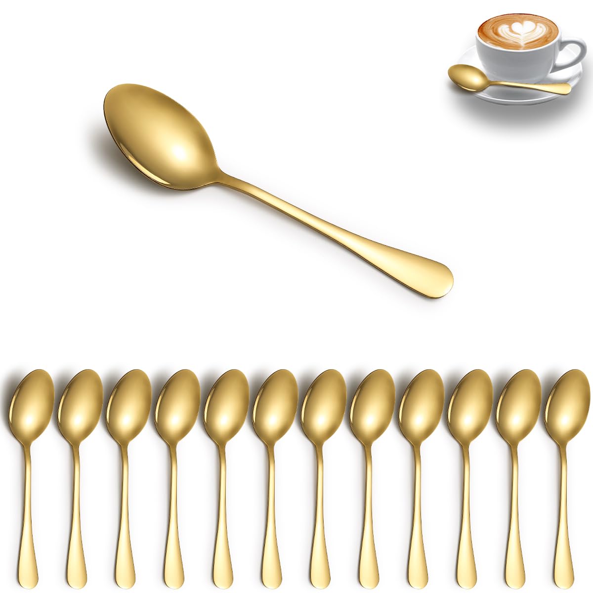 ReaNea Gold Teaspoons Set of 12, Stainless Steel Dessert Spoons, Coffee Spoon, Stirring Spoon, Latte Spoon for Home, Restaurant, Hotel, Wedding, Event, Parties