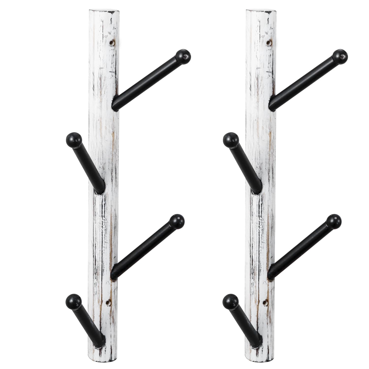 MyGift 4 Hook Wall Mounted Shabby White Washed Solid Wood and Black Metal Hat Coat Hanger Tree, Vertical Entryway Hanging Garment Rack with Branch Style Hooks, Set of 2