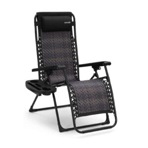 serenelife sl1zrc88.5 outdoor foldable rattan zero gravity lawn chair-adjustable recliners with plastic cup holder side table and pillow, off black