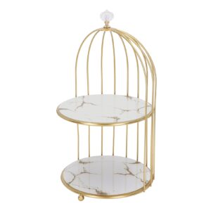 flexman bathroom organizer countertop, double layer bird cage organizer display rack, countertop storage shelf for bathroom countertop dressing table (white base gold pattern)