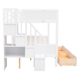 Harper & Bright Designs Twin Over Full Bunk Bed with Storage Staircase and 2 Drawers,Wood Bunk Bed Frame with 4 Storage Shelves for Kids Boys Girls Teens, No Box Spring Need,White