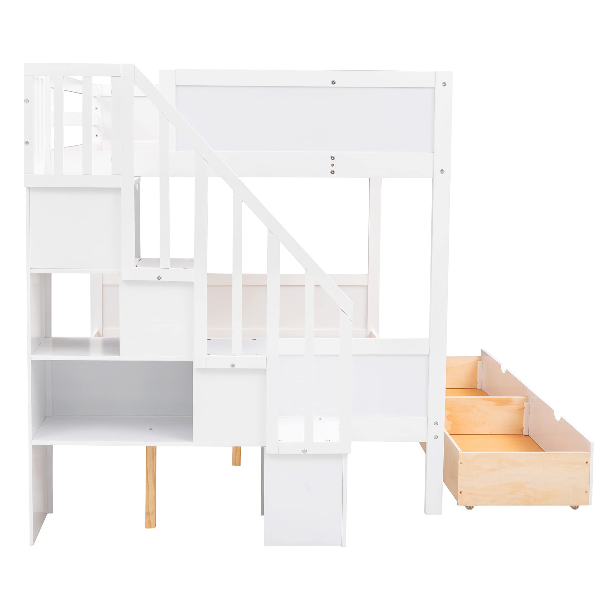 Harper & Bright Designs Twin Over Full Bunk Bed with Storage Staircase and 2 Drawers,Wood Bunk Bed Frame with 4 Storage Shelves for Kids Boys Girls Teens, No Box Spring Need,White