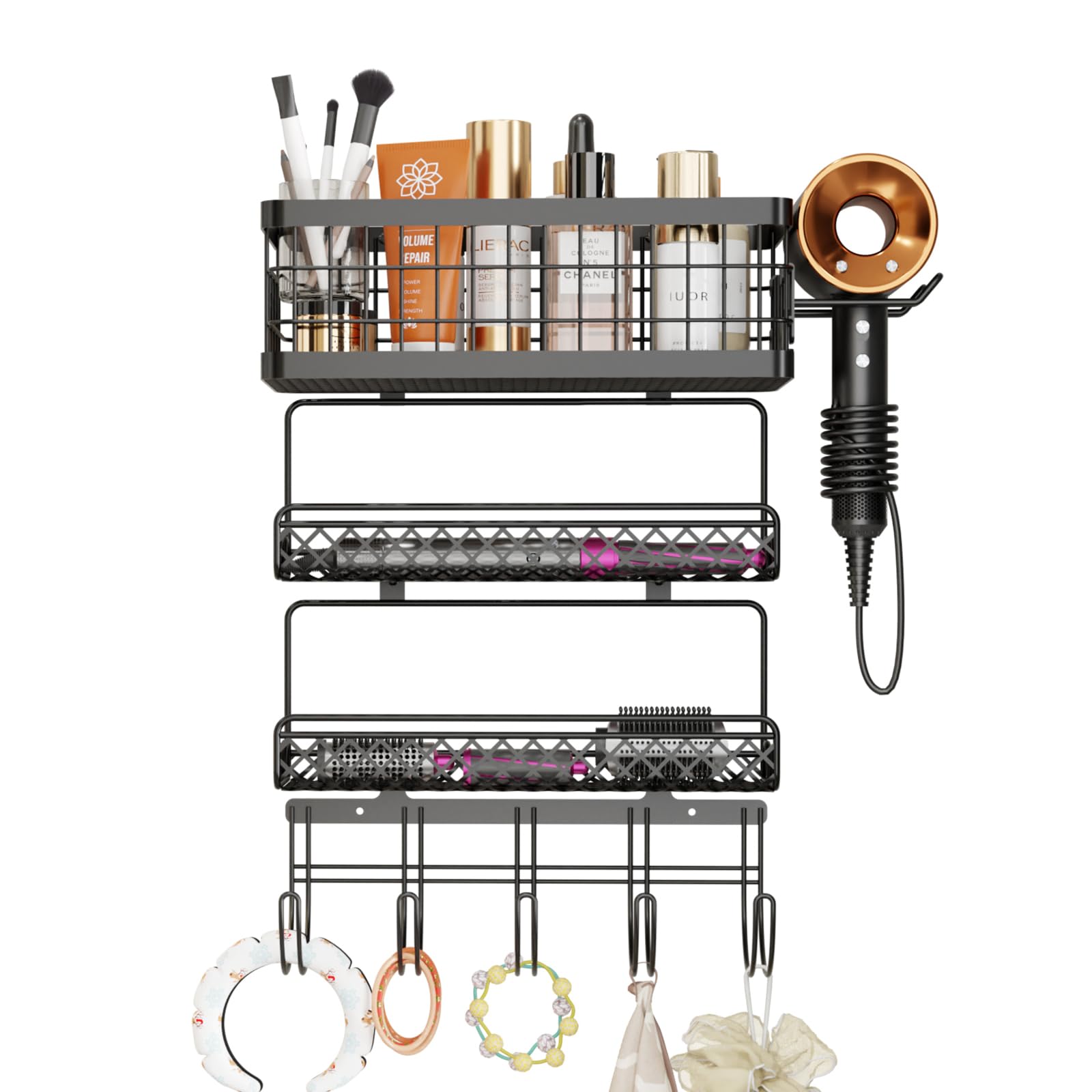 RoleDes Hair Tool Organizer Wall Mount Metal Hair Dryer Holder with 3 Tier Shelf Storage Wire Basket Hook, Hot Tools Organizer Cabinet Door Flat Iron Holder for Blow Dryer, Curling Iron, Straightener