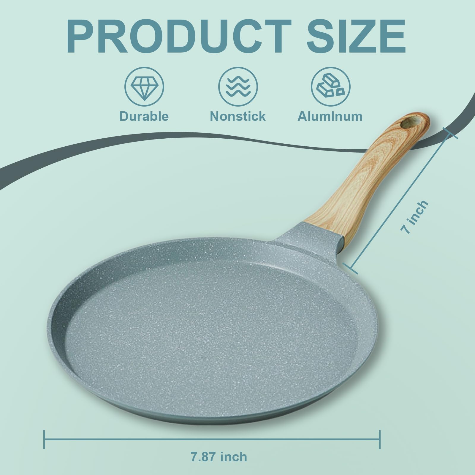 Nonstick Crepe Pan, 8 inch Green Dosa Tawa Tortilla Pan with Wood Handle for Stove Tops, Flat Frying Pan Skillet Stone Coating Cookware for Gas, Induction, Electric, Ceramic Stove, PFOA Free (8 inch)