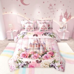 manfei girls princess full bedding set 7 pieces,cartoon castle pink comforter sets,blooming flowers bedding comforter sets with 1 comforter,2 pillowcases,2 pillow covers,1 flat sheet,1 fitted sheet