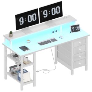 lufeiya white gaming desk with fabric drawers and storage shelves, 47 inch home office desk with monitor stand, computer desk with led lights and power outlets, white