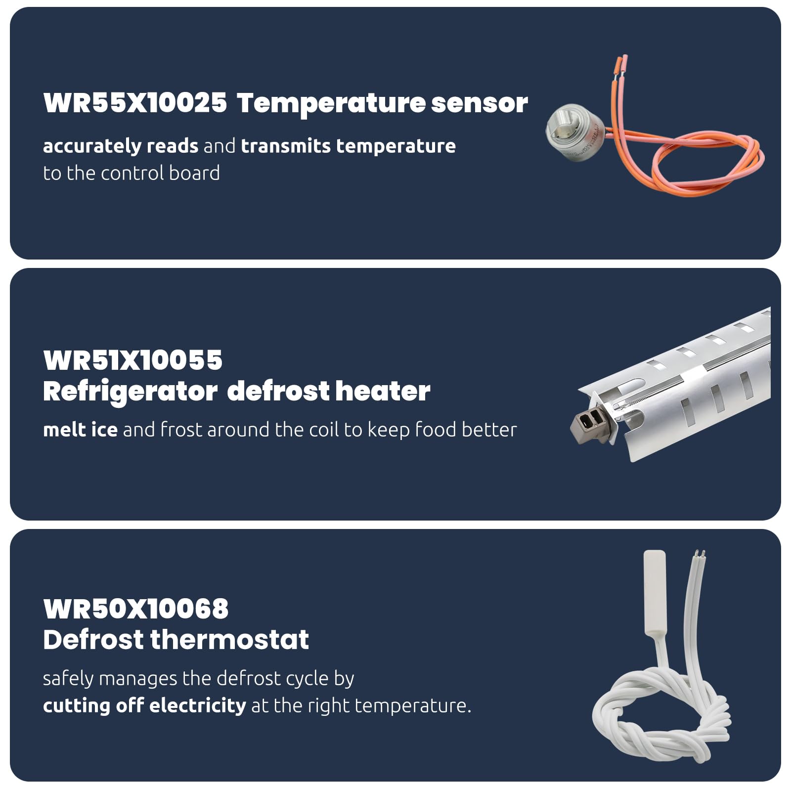 Generic WR51X10055 Refrigerator Defrost Heater Kit WR55X10025 Temperature Sensor and WR50X10068 Defrost Thermostat High Limit Replacement Parts for GE and Kenmore Models, Silver, CRDH-10055