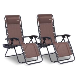 serenelife slzghbrw22.5 outdoor adjustable zero gravity lounge chair recliners with plastic cup holder side table and padded headrest pillows, 2 pack, (brown), chocolate