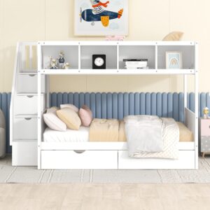 Harper & Bright Designs Twin Over Full Bunk Bed with Storage Staircase and 2 Drawers,Wood Bunk Bed Frame with 4 Storage Shelves for Kids Boys Girls Teens, No Box Spring Need,White