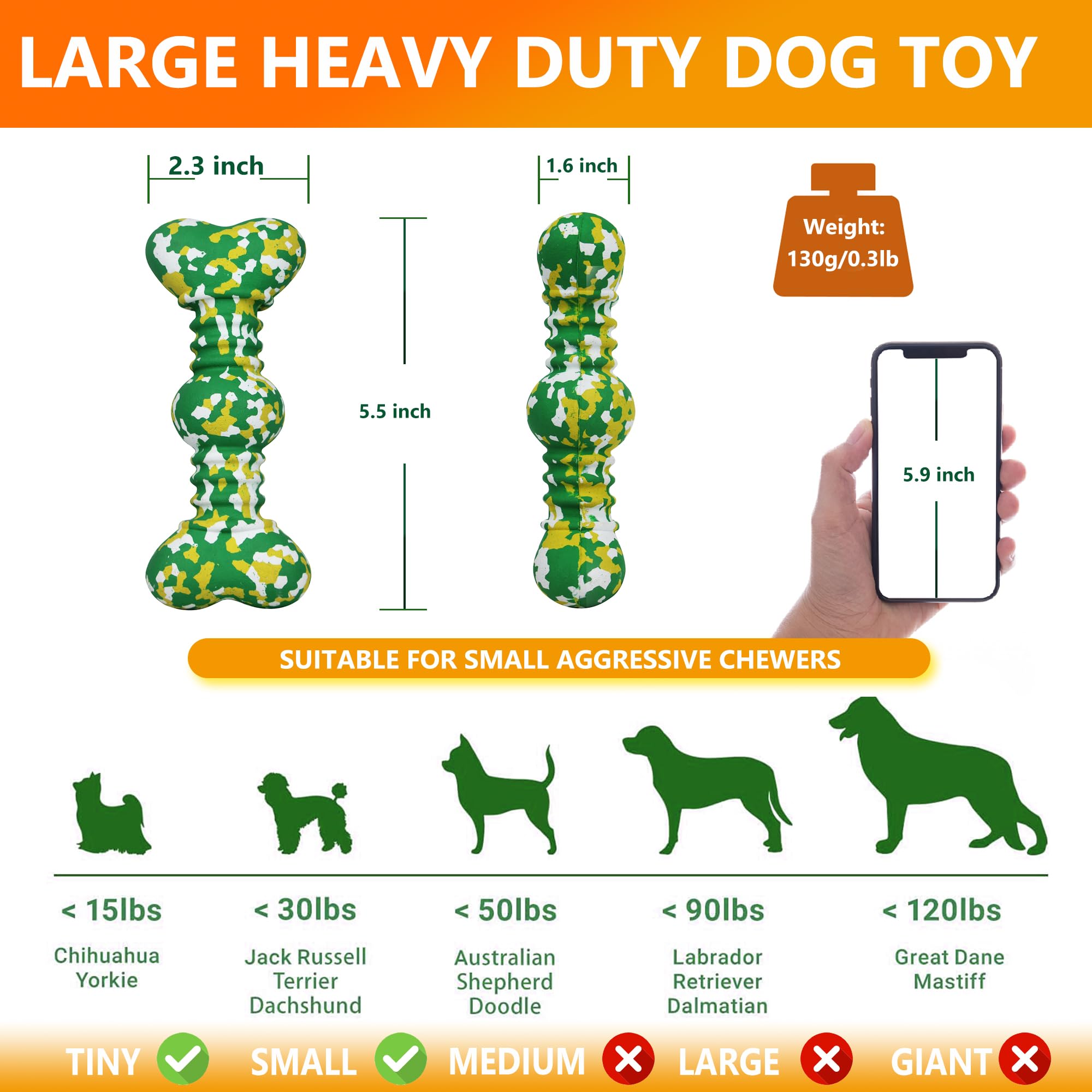 GHOBROFY Dog Chew Toy for Aggressive Chewers Large Breed - Tough Durable Dog Toys for Medium/Large Dogs - Indestructible Natural Rubber Bone Toys for Teething,Green,S