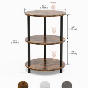 RISWER Round Side Table Living Room - Small Accent Table with 3 Tier Shelves, Rustic Wooden Couch End Table for Bedroom or Living Room, Reinforced Metal Legs, Easy to Assemble, Rustic Brown