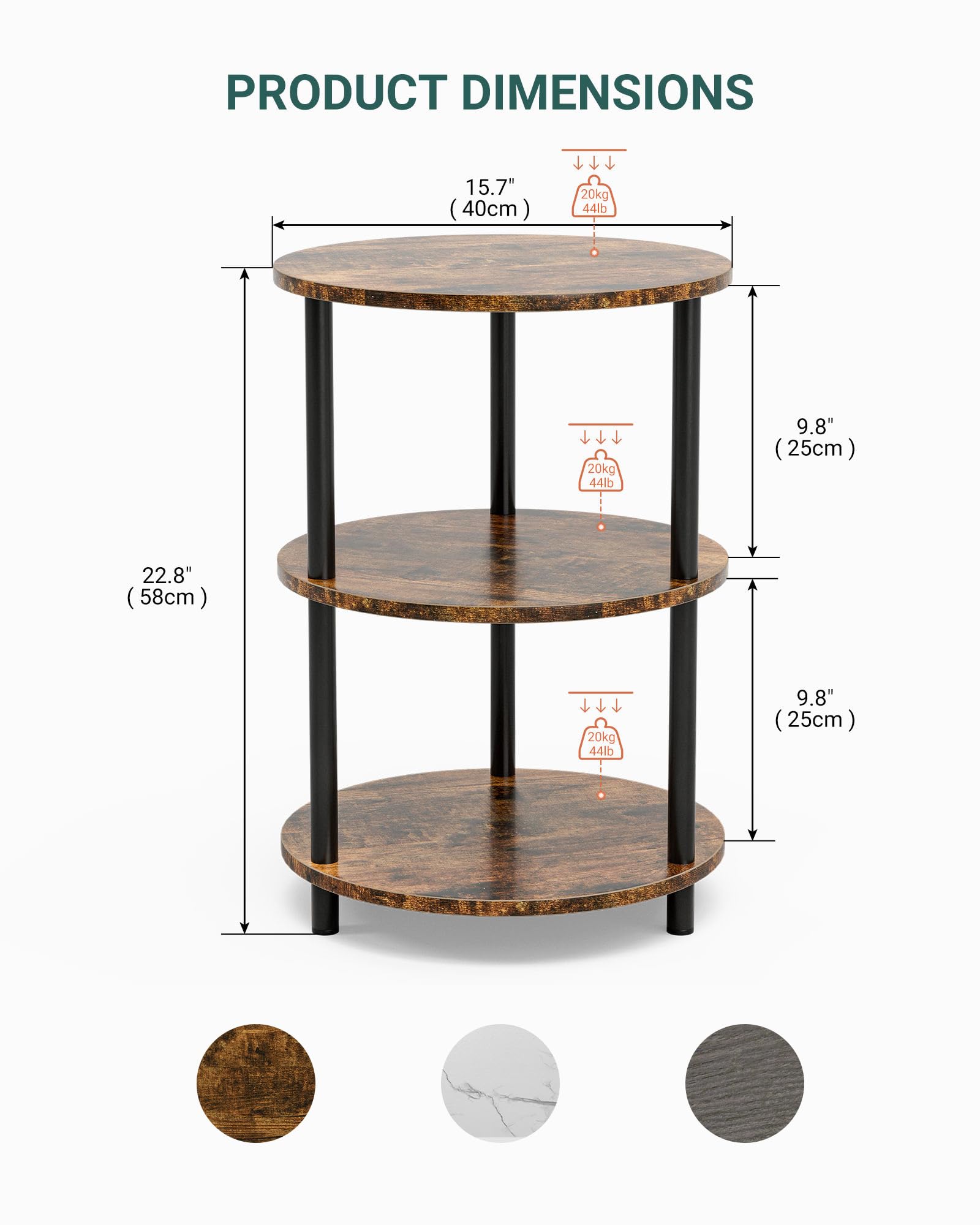 RISWER Round Side Table Living Room - Small Accent Table with 3 Tier Shelves, Rustic Wooden Couch End Table for Bedroom or Living Room, Reinforced Metal Legs, Easy to Assemble, Rustic Brown