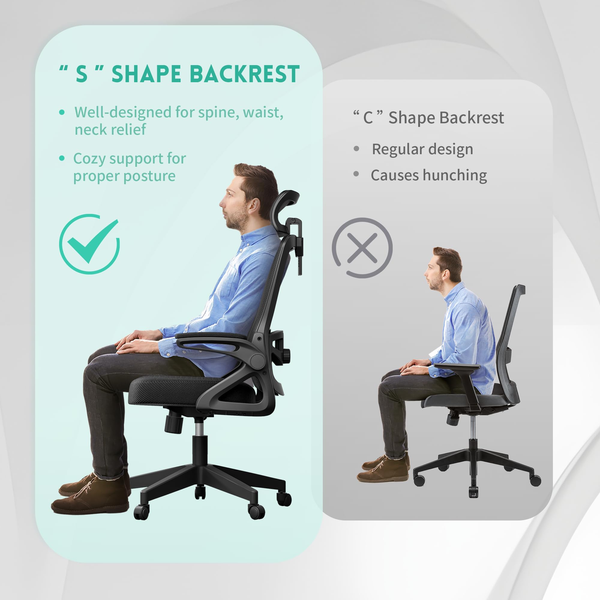 Office Chair, S-Shaped Ergonomic Mesh Desk Chair, Adjustable Headrest & Height, Widened Cushion, 90° Flip-UpArmrest, Assembly &Storage, Home/Office/Bedroom Computer Chair with 360° Casters