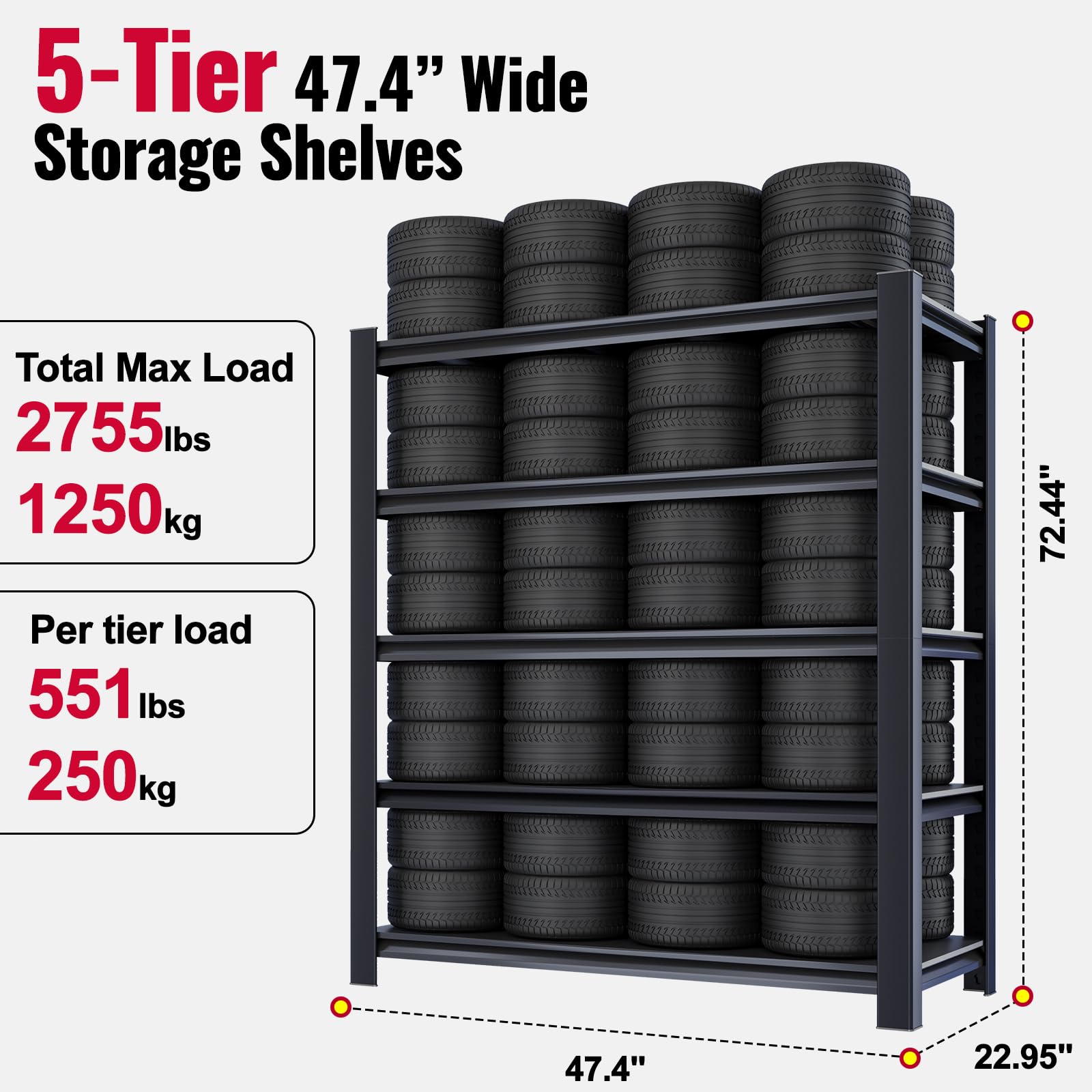 Gadroad Garage Storage Shelves, 5 Tier Adjustable Heavy Duty Shelving Units, 72" H Utility Racks Industrial Metal Shelf Organizer for Pantry, Kitchen, Closet, Basement, 23D x 47.4W x 72.4H, Black