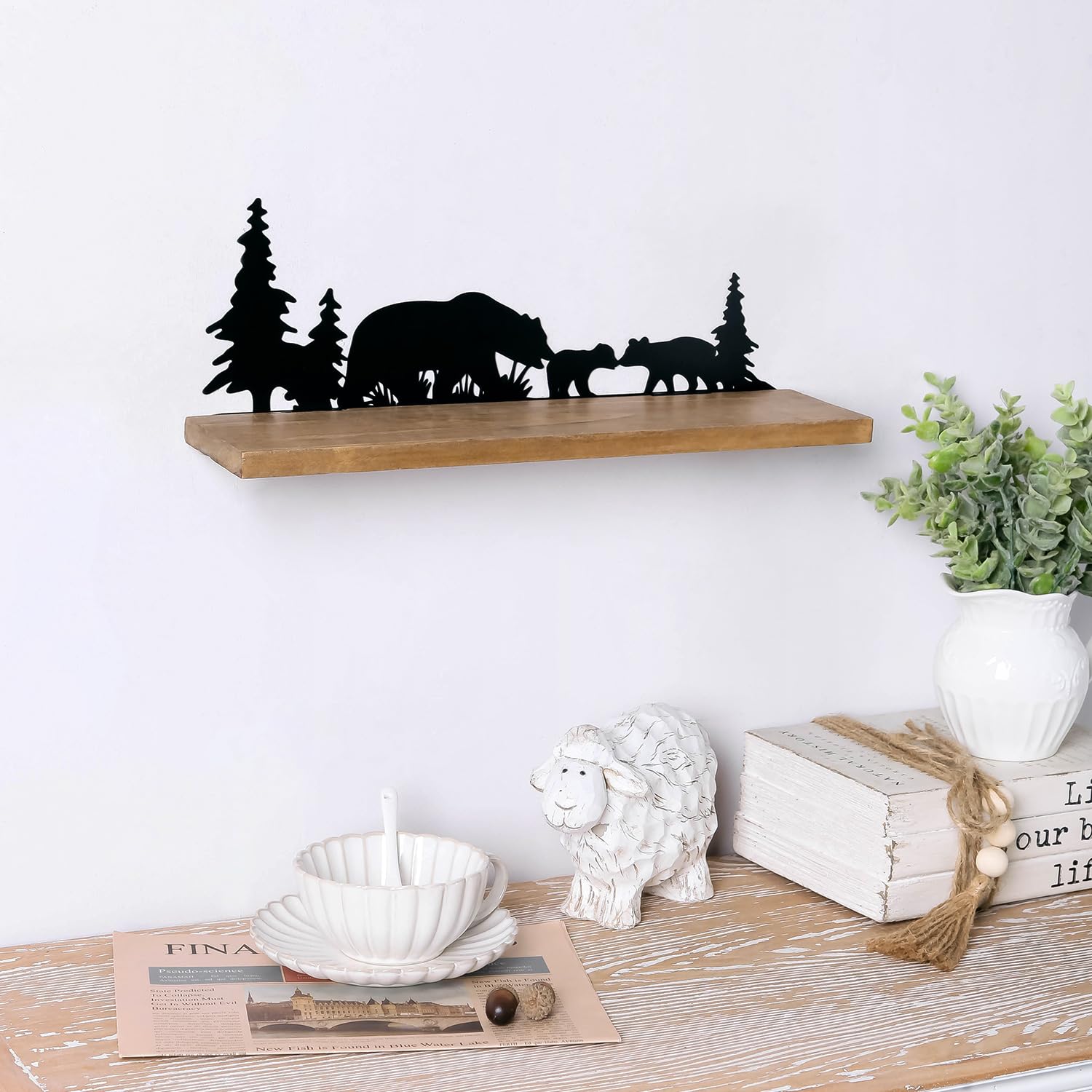 Synovana Wall Mount Shelf Farmhouse Cabin Wooden Floating Shelf Wall Decor Rustic Hanging Rectangular Wall Shelves for Bathroom Living Room Laundry Room - Bear Shadow Design