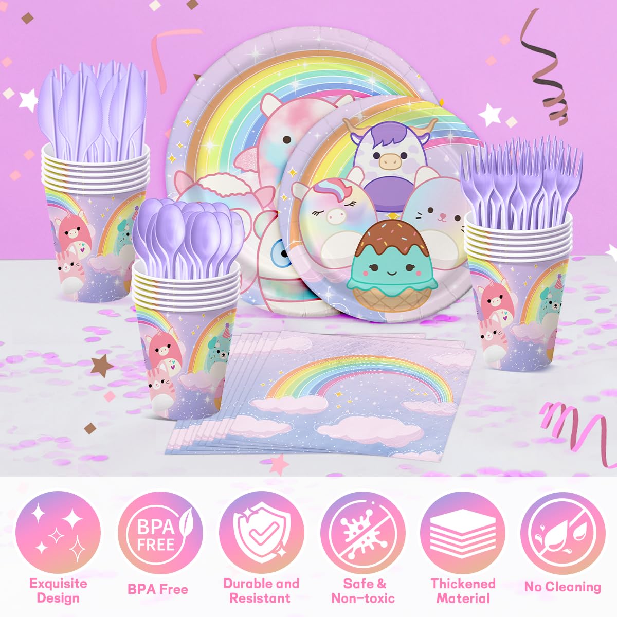 CAILESS Kawaii Squish Birthday Party Supplies, 117Pcs Cute Kitty Animal Party Decoration Include Plates Cups Napkins Cutlery Tablecloth Disposable Set Serves 16 Guests for Kids Birthday Party