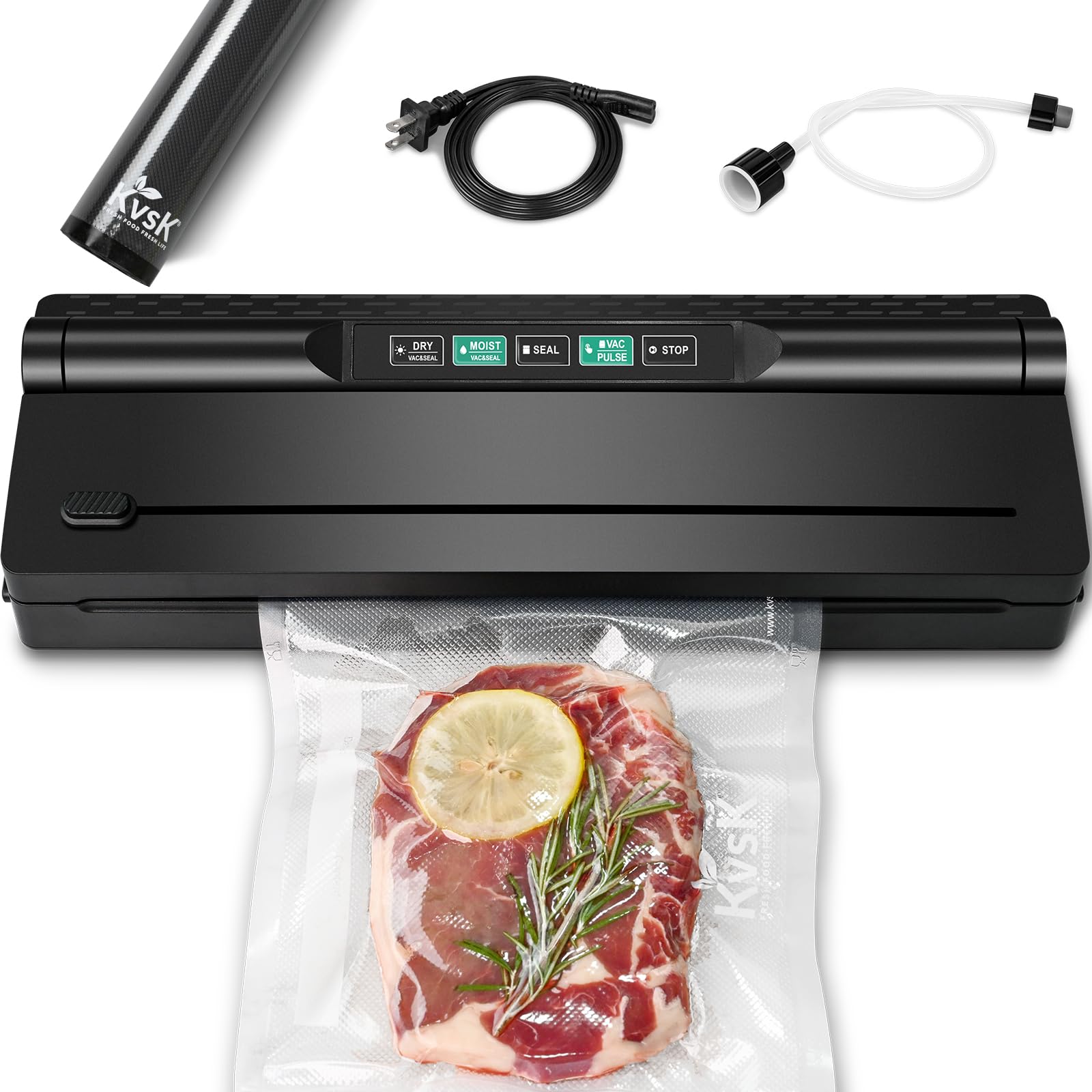 KVSK Vacuum Sealer Machine, 6-in-1 Compact Food Sealer Automatic Air Sealing System For Food Storage With Cutter and 11" x 9.8' Black Roll, One-Click Dry & Moist Vac Seal Mode