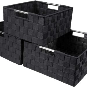 Sorbus Storage Box Woven Basket Bin Container Tote Cube Organizer Set Stackable Storage Basket Woven Strap Shelf Organizer Built-In Carry Handles (Black)